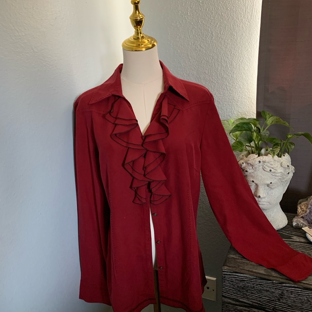 100% Silk Western Red Ruffle Blouse - Gem